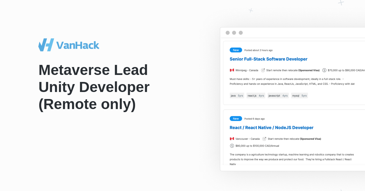Metaverse Lead Unity Developer (Remote only) - VanHack